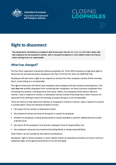 Right to disconnect - Department of Employment and Workplace Relations, Australian Government